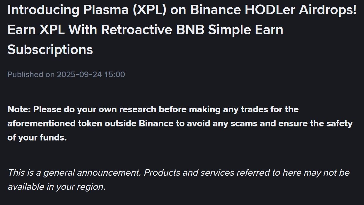 Binance HODLer Airdrops số 44: XPL (Plasma)